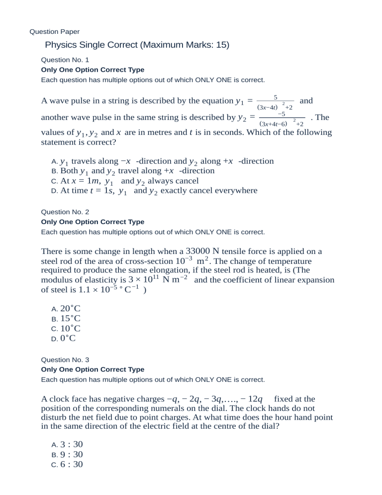 Physics Question Paper: Single & Multiple Correct Questions