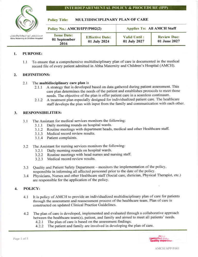 Multidisciplinary Plan of Care Policy - AMCH