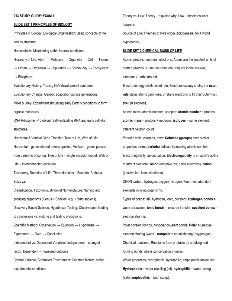 Biology Exam 1 Study Guide: Principles & Chemical Basis of Life