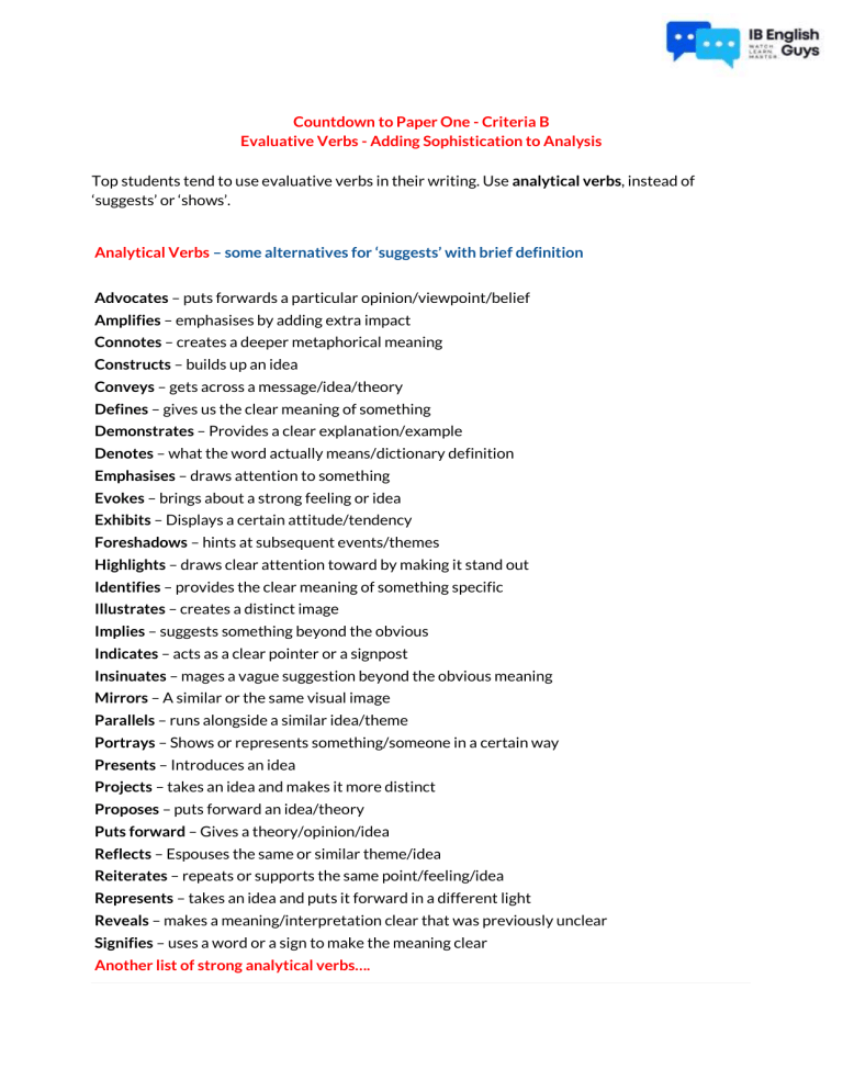 Analytical Verbs for IB English Paper One