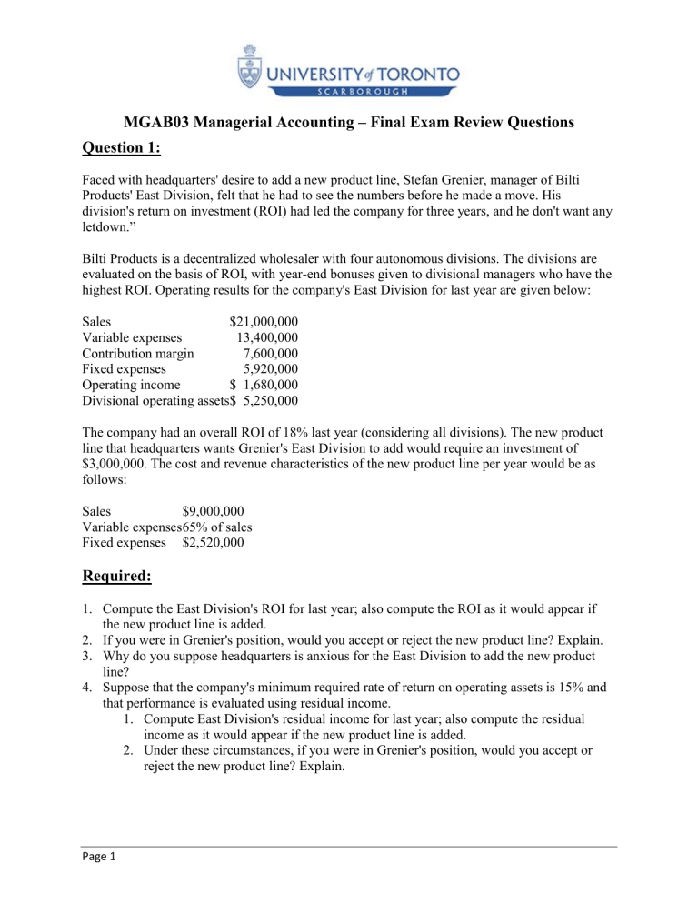 Managerial Accounting Exam Review Questions
