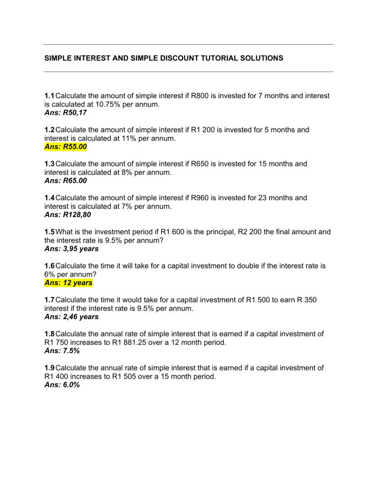 Simple Interest & Discount Tutorial Solutions