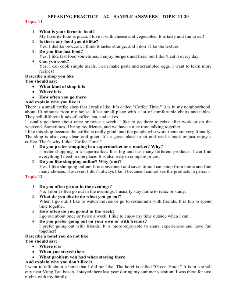 A2 English Speaking Practice: Sample Answers & Topics