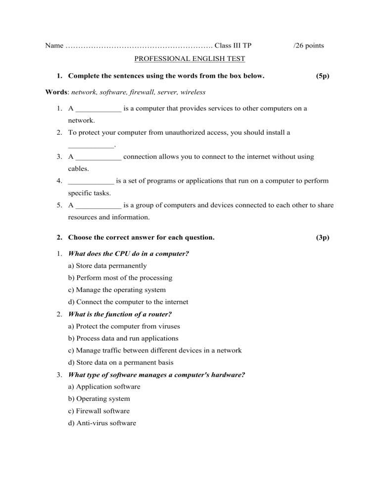 Professional English Test: Computer & Networking Basics