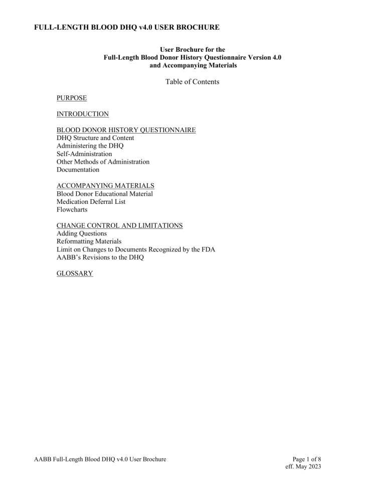 Blood Donor History Questionnaire v4.0 User Guide