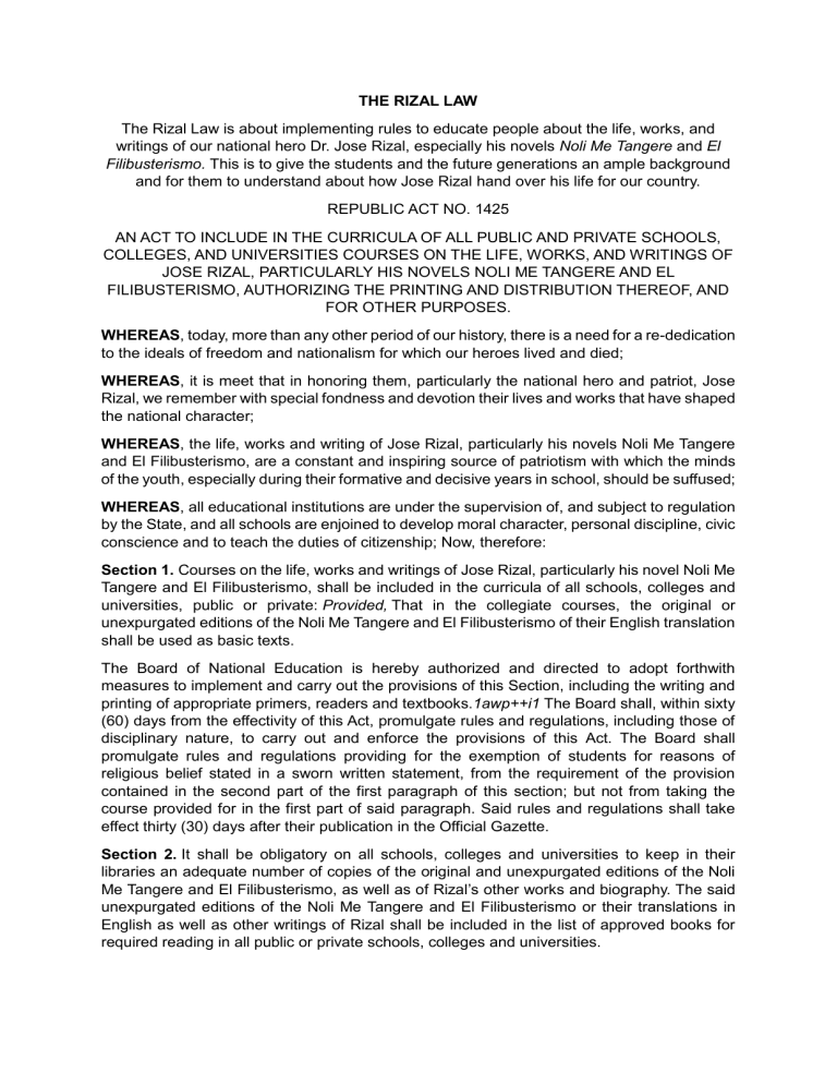 Rizal Law: Republic Act 1425 - Life & Works of Jose Rizal