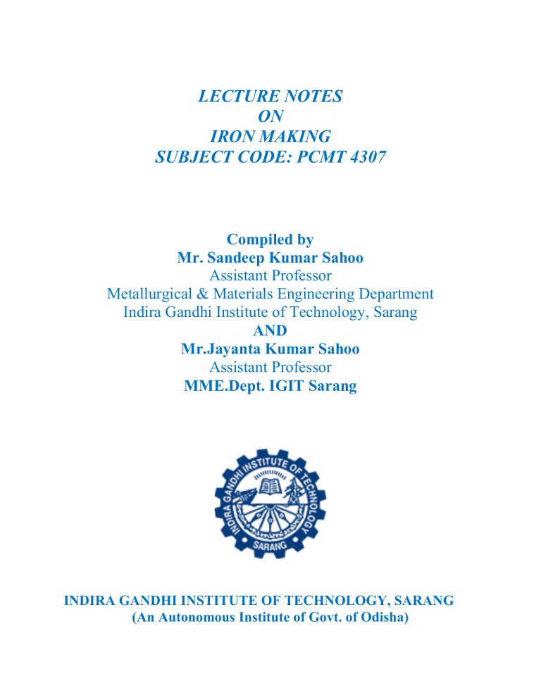Iron Making Lecture Notes: Blast Furnace & Alternative Routes