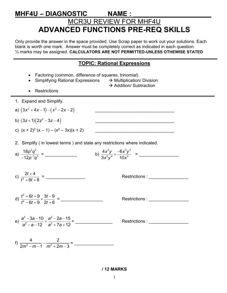 MHF4U Diagnostic Test: Advanced Functions Review