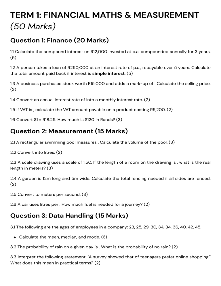 Financial Maths Exam Paper: High School