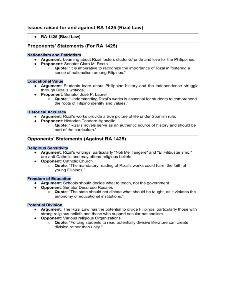 RA 1425 (Rizal Law): Arguments For and Against