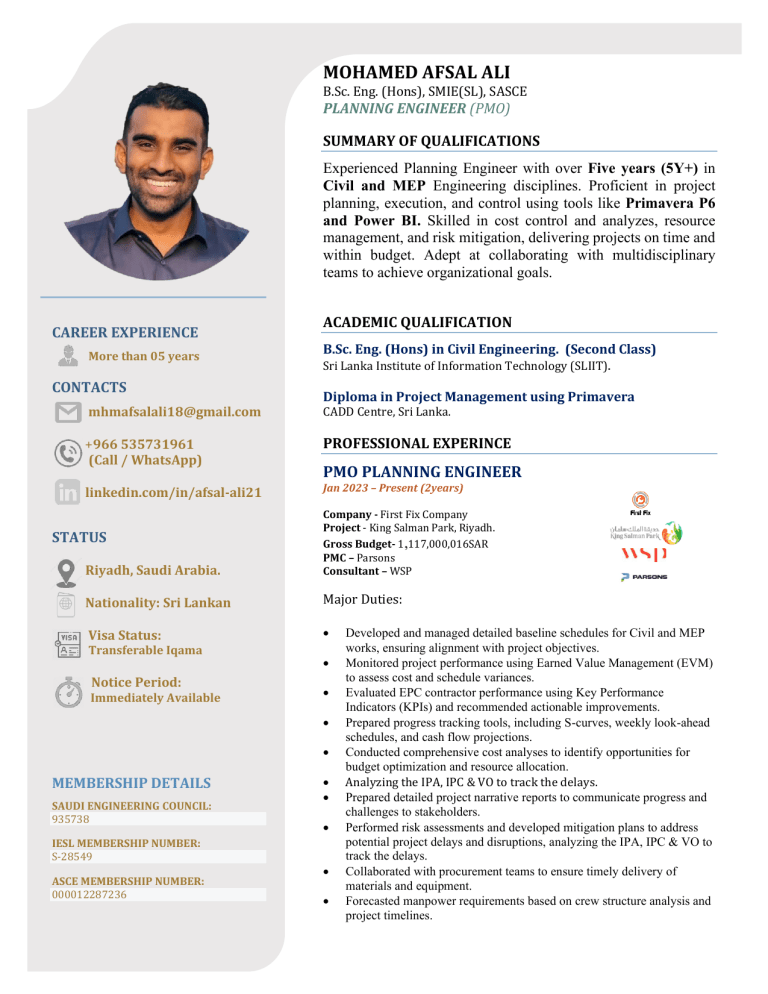 Mohamed Afsal Ali - Planning Engineer Resume