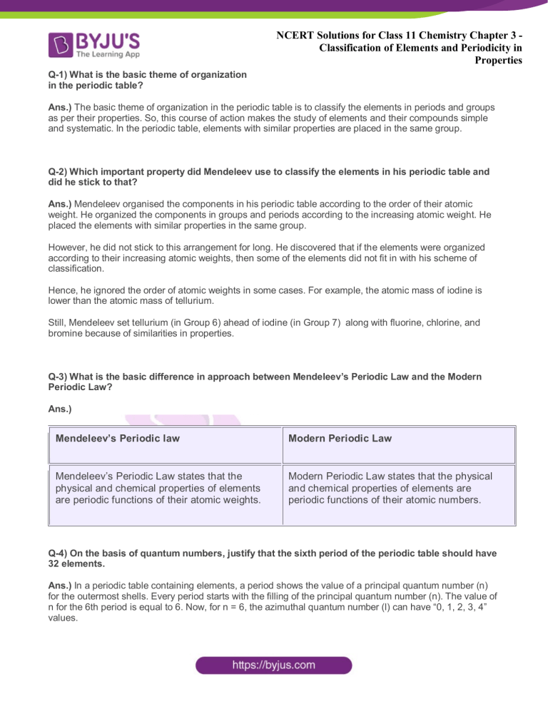 Class 11 Chemistry: Periodic Table & Properties Solutions