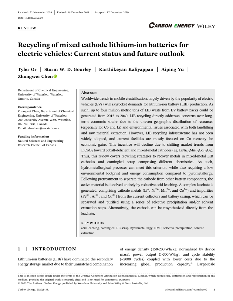 LIB Recycling: Mixed Cathode Batteries for Electric Vehicles
