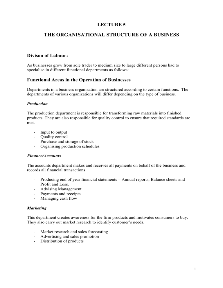 Organizational Structure of a Business