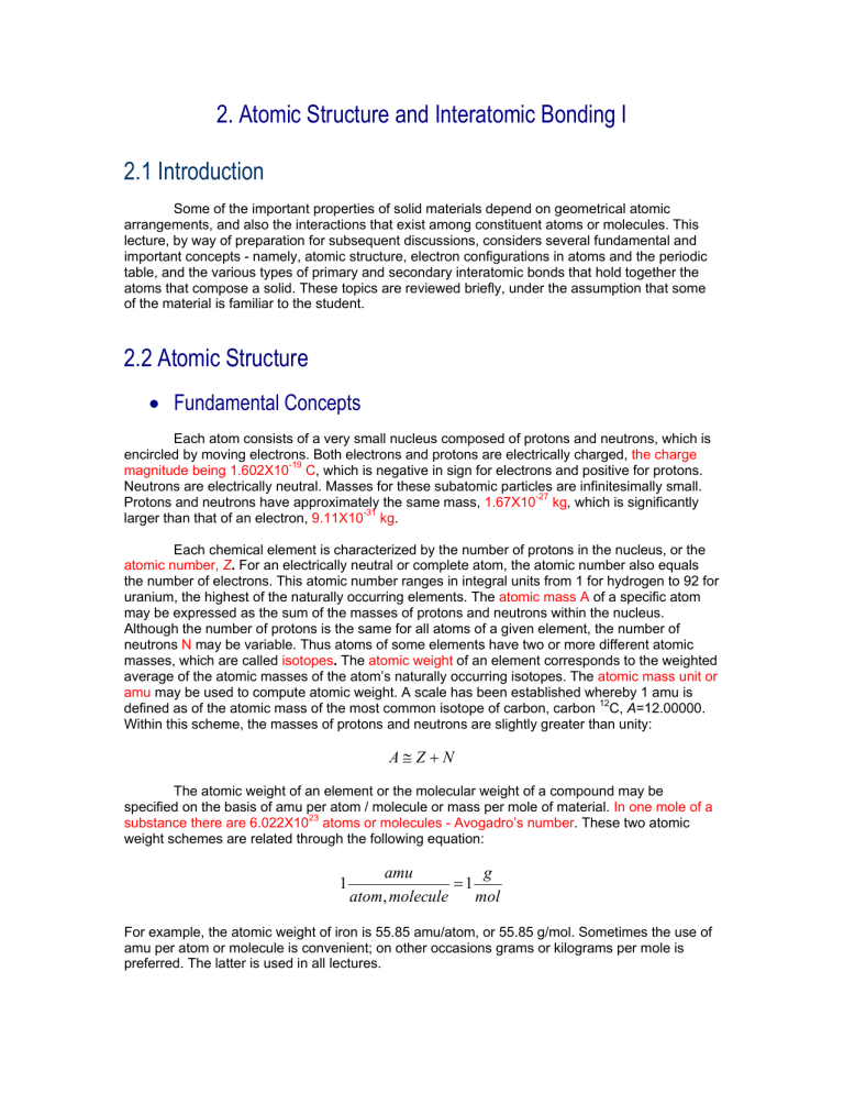 Atomic Structure & Bonding: Lecture Notes