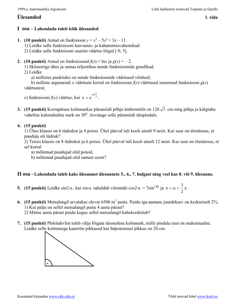 1999. aasta matemaatika riigieksam