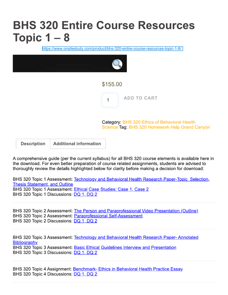 BHS 320 Course Resources: Topics 1-8