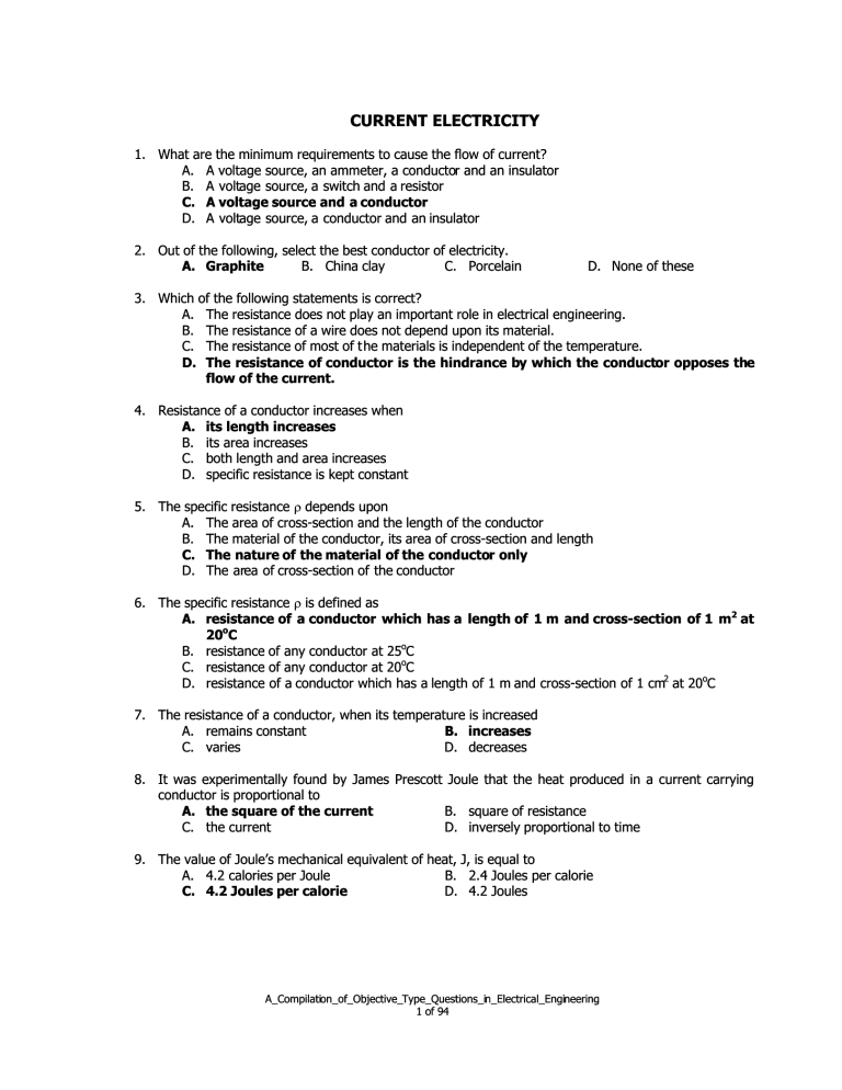 Current Electricity: Objective Questions & Answers