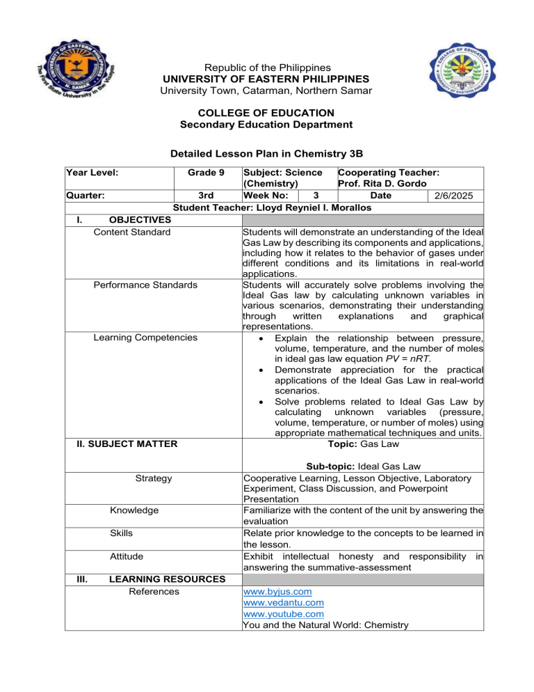 Ideal Gas Law: Chemistry Lesson Plan for Grade 9