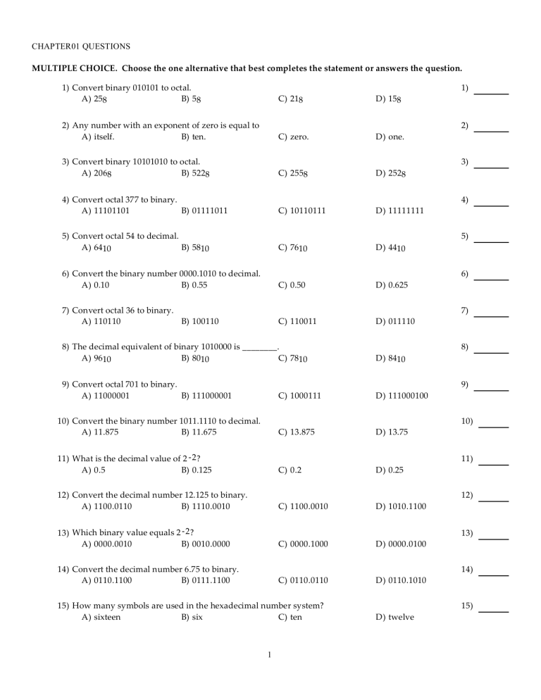 Number System Conversion Exam Questions