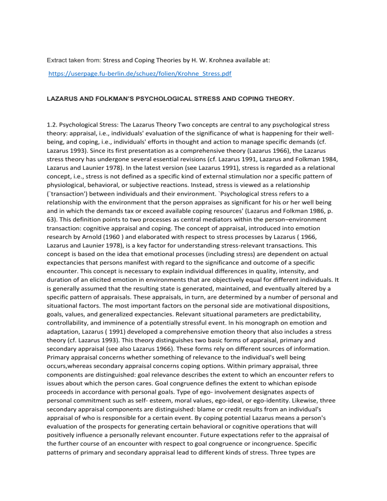 Lazarus & Folkman Stress Theory: Appraisal & Coping