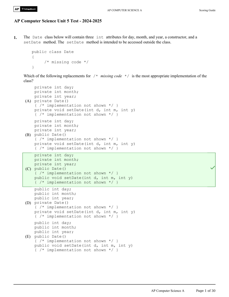 AP Computer Science A Unit 5 Test - Classes