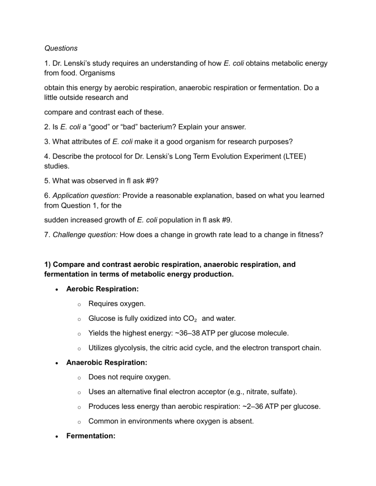 E. coli Evolution & Metabolism: LTEE Study Guide