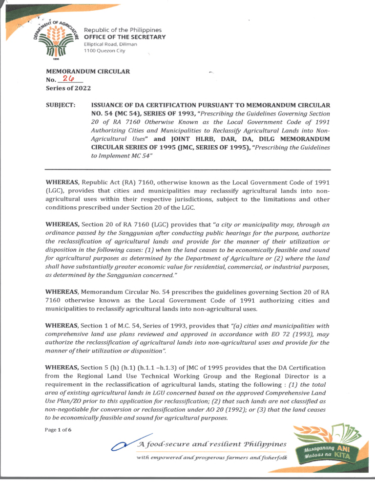 DA Land Reclassification Guidelines: Memorandum Circular