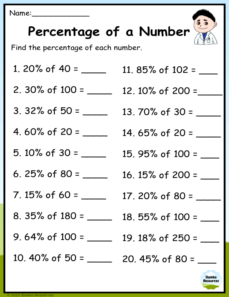 Percentage of a Number Worksheet