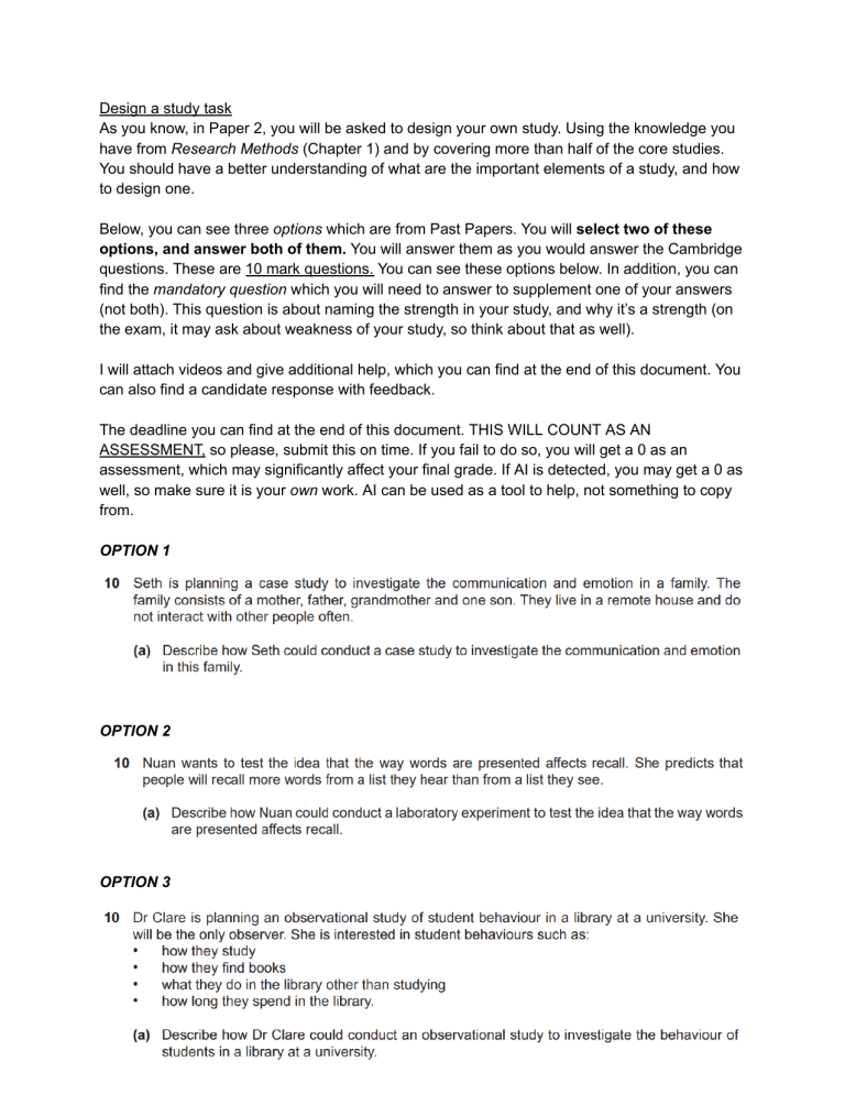Study Design Task: Research Methods & Core Studies