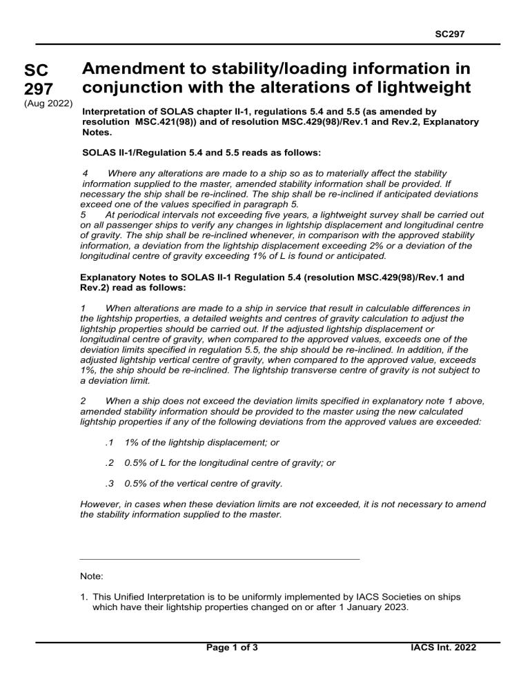 SOLAS Stability: Lightweight Alteration Interpretation