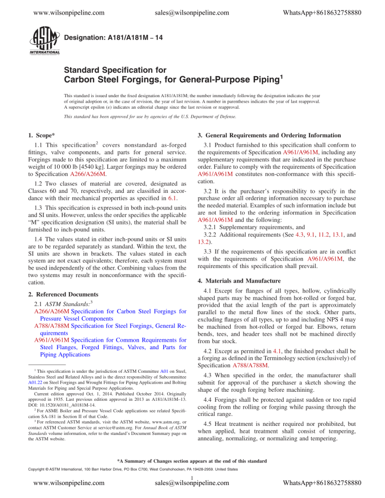 ASTM A181 Carbon Steel Forgings Spec