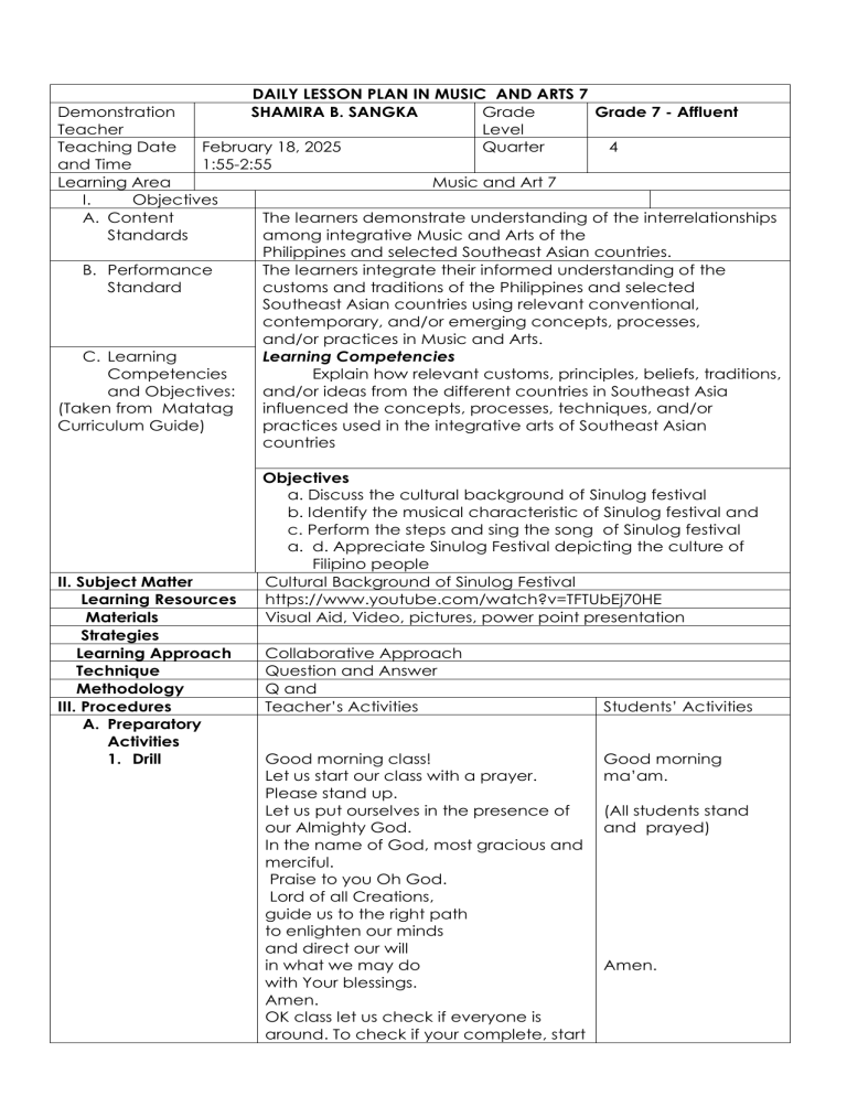 Sinulog Festival: Music & Arts Lesson Plan (Grade 7)