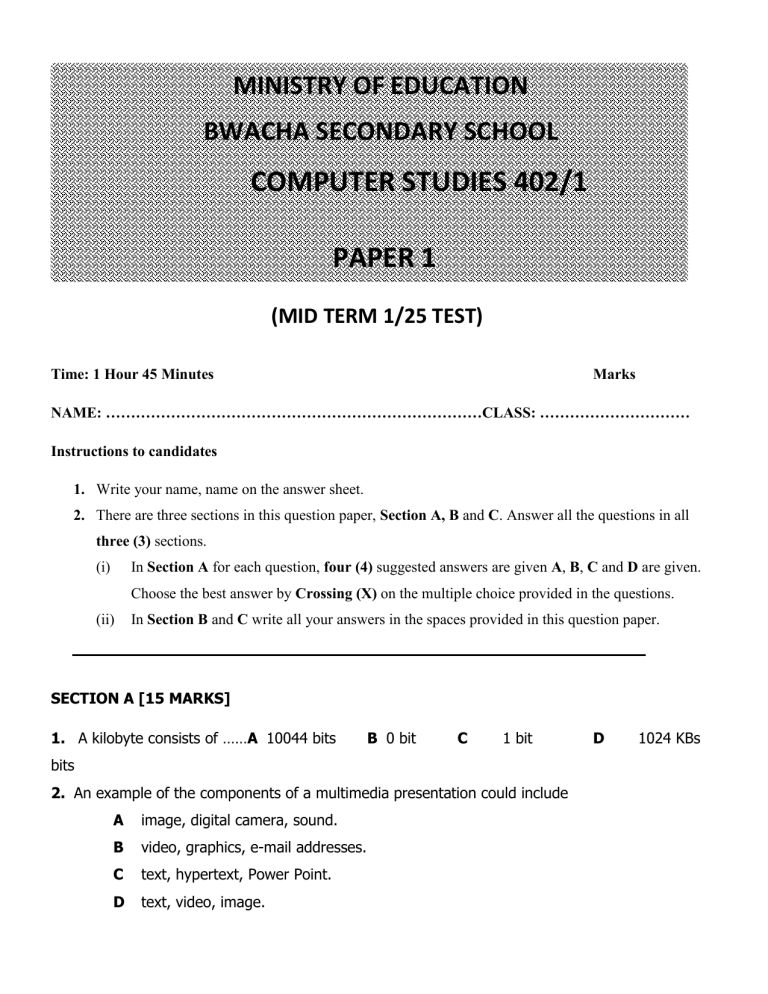 Computer Studies Exam Paper - High School