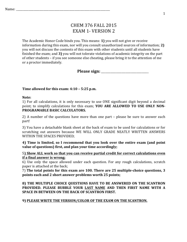 CHEM 376 Biochemistry Exam - Fall 2015