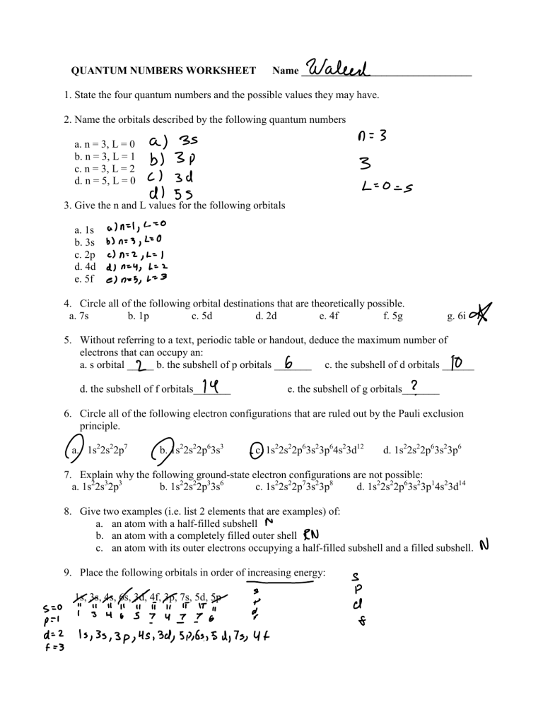 Quantum Numbers Worksheet: Atomic Structure & Electrons