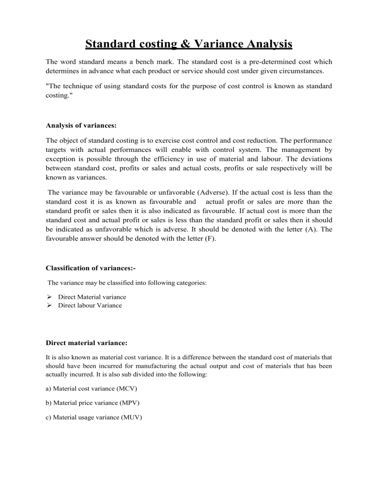 Standard Costing & Variance Analysis: Material & Labor