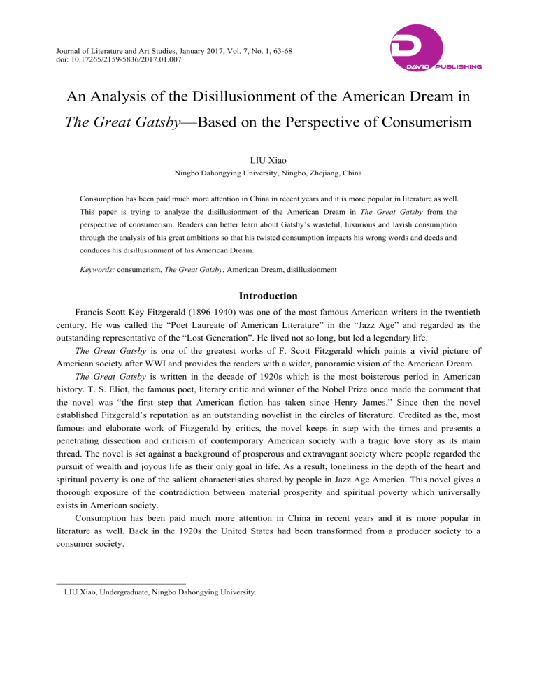 The Great Gatsby: American Dream & Consumerism Analysis