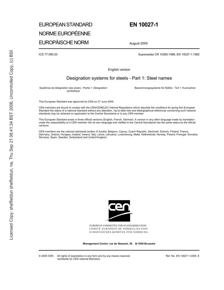 EN 10027-1: Steel Designation Systems - Steel Names
