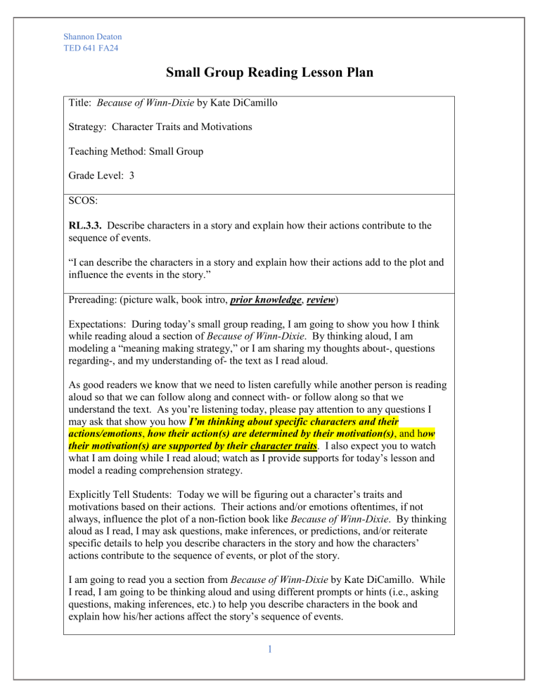 Because of Winn-Dixie: Character Traits Lesson Plan (Grade 3)