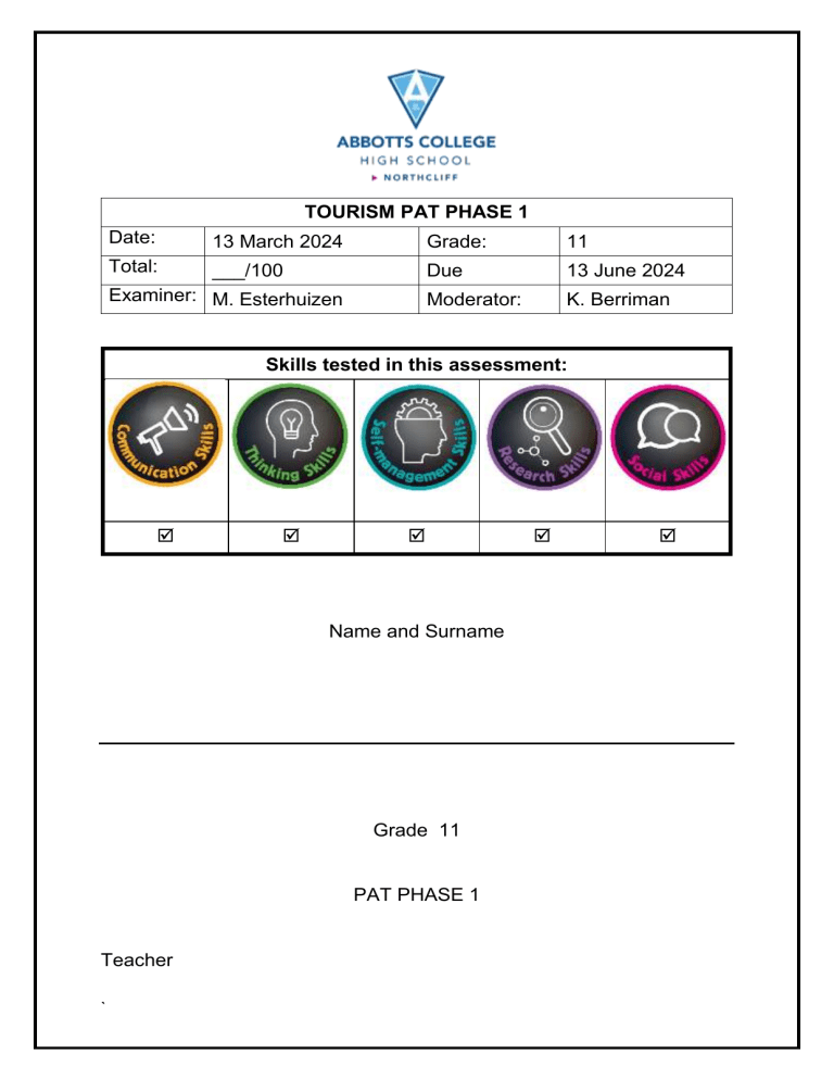 Tourism PAT Phase 1: Grade 11 Assessment
