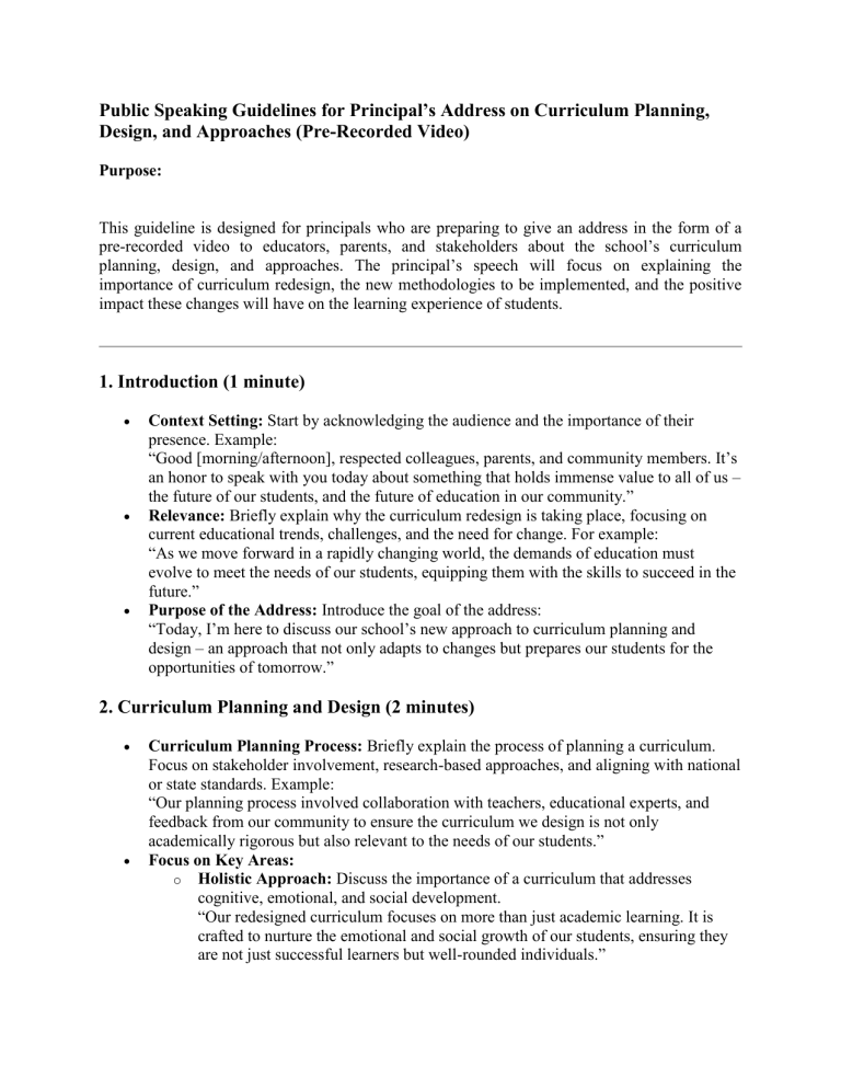 Public Speaking Guidelines: Curriculum Planning Address