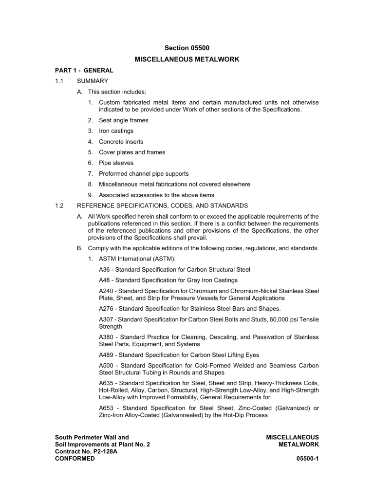 Miscellaneous Metalwork Specifications - Section 05500