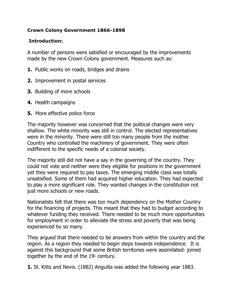 Crown Colony Government 1866-1898: History & Analysis