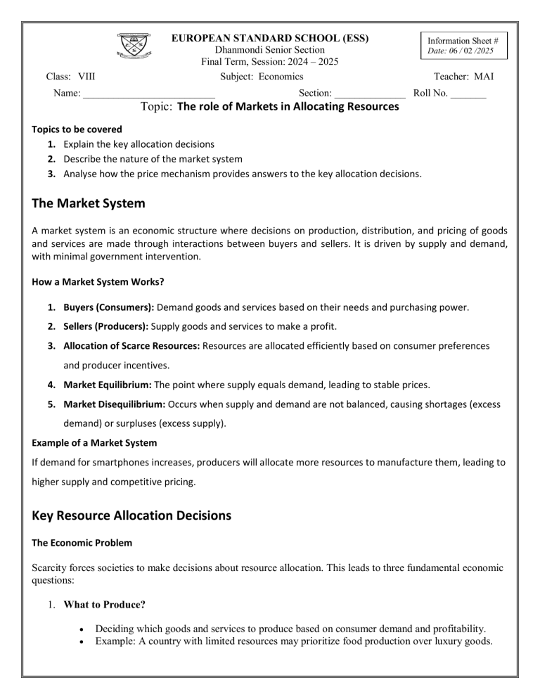 Markets & Resource Allocation: Economics Information Sheet
