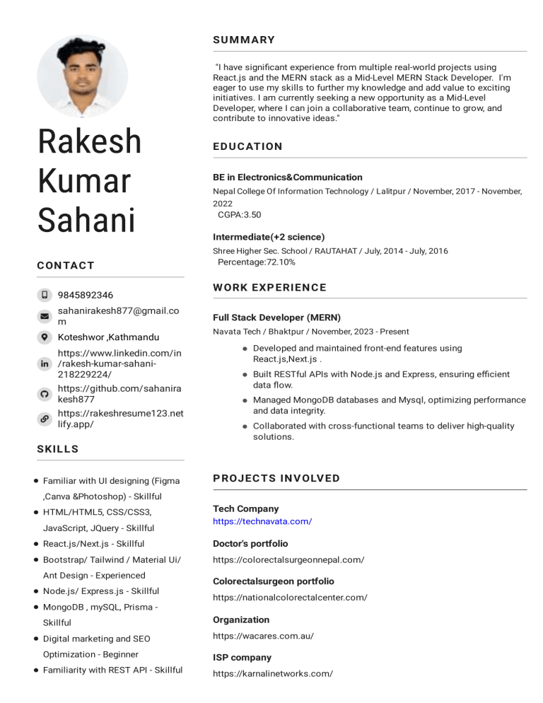 Rakesh Kumar Sahani - MERN Stack Developer Resume