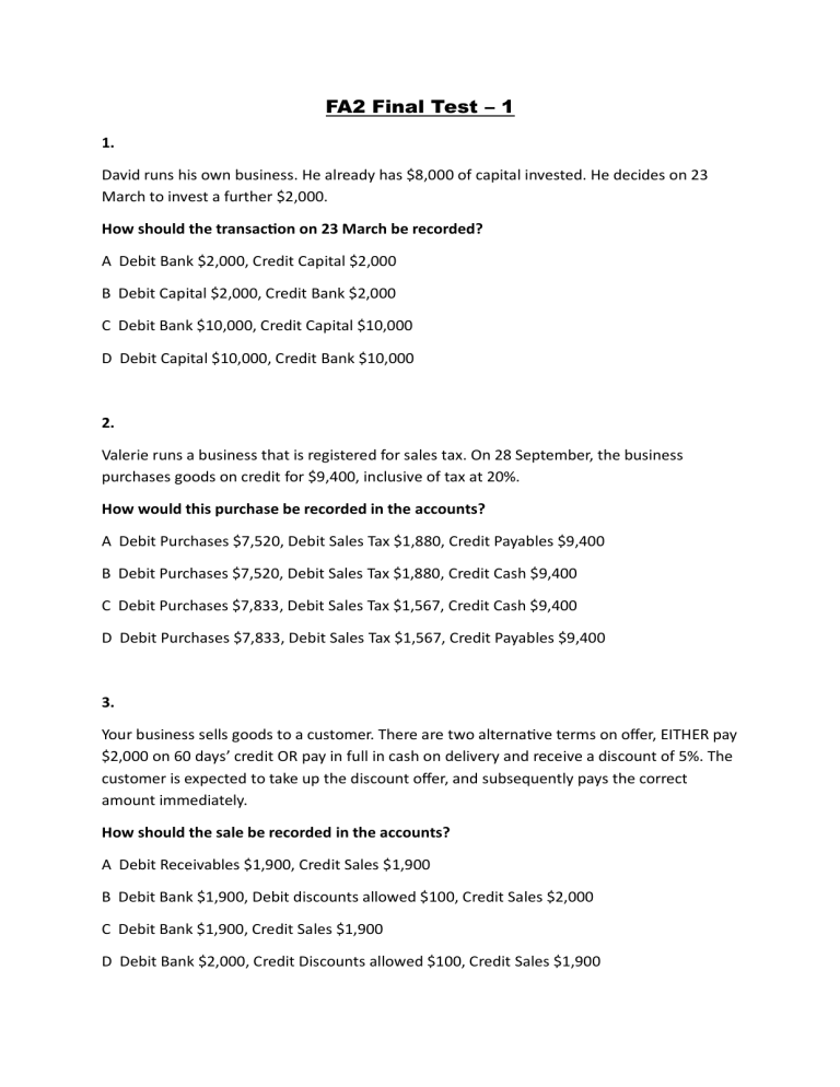 FA2 Accounting Test: Journal Entries & Principles