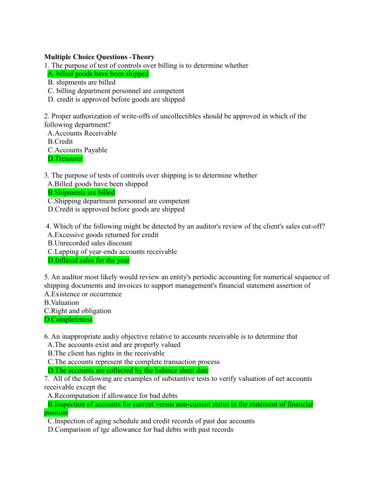 Auditing Theory: Accounts Receivable Exam Questions
