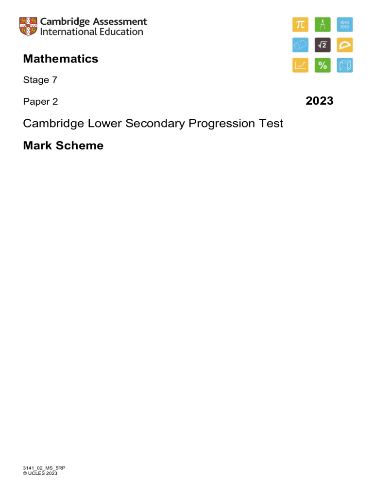 Mathematics Stage 7 Paper 2 Mark Scheme