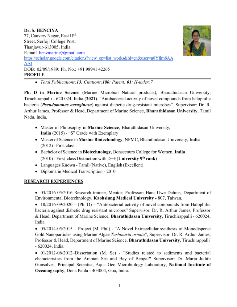Dr. S. Henciya - Marine Science CV | Research & Publications
